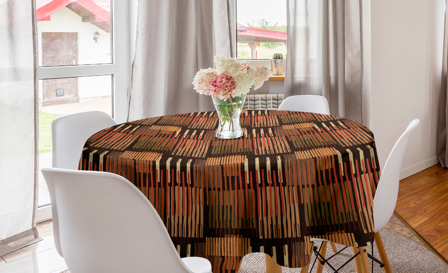 Ethnic Round Tablecloth, Geometric Pattern with Stripes Earthy Tones ...