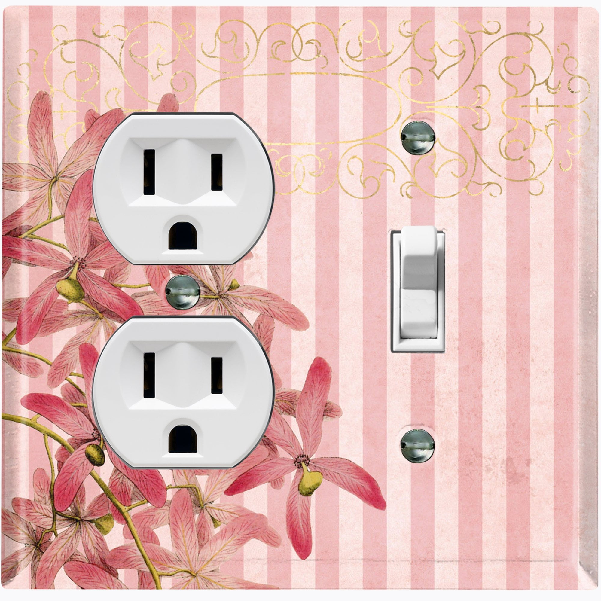 Metal Light Switch Plate Outlet Cover Tropical Pink Floral Striped ...
