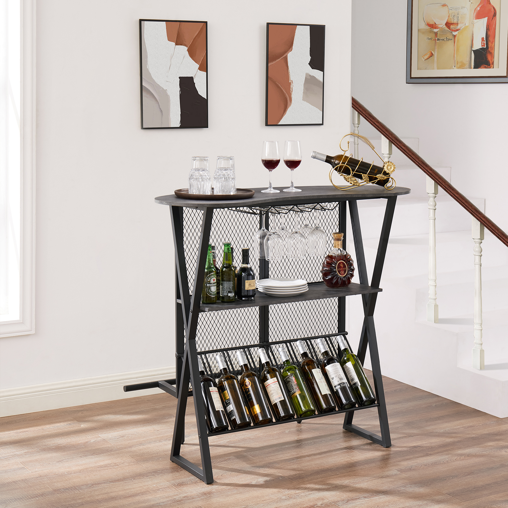 VECELO Bar Unit for Liquor with Metal Mesh Front, 2 Tier Bar Table with ...