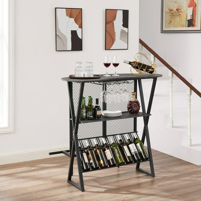 VECELO Bar Unit for Liquor with Metal Mesh Front, 2 Tier Bar Table with ...