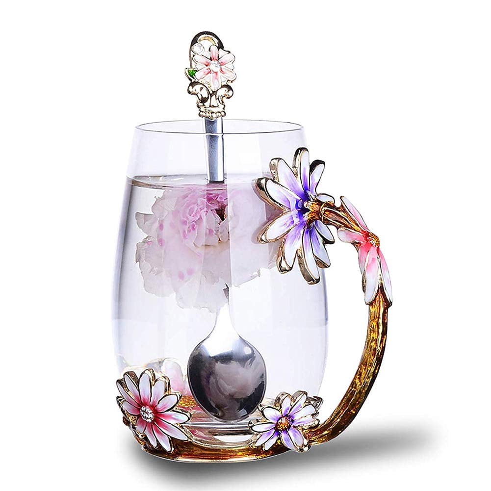 Taza de té de vidrio Goodking Flower 350 ml con cuchara para regalo ...