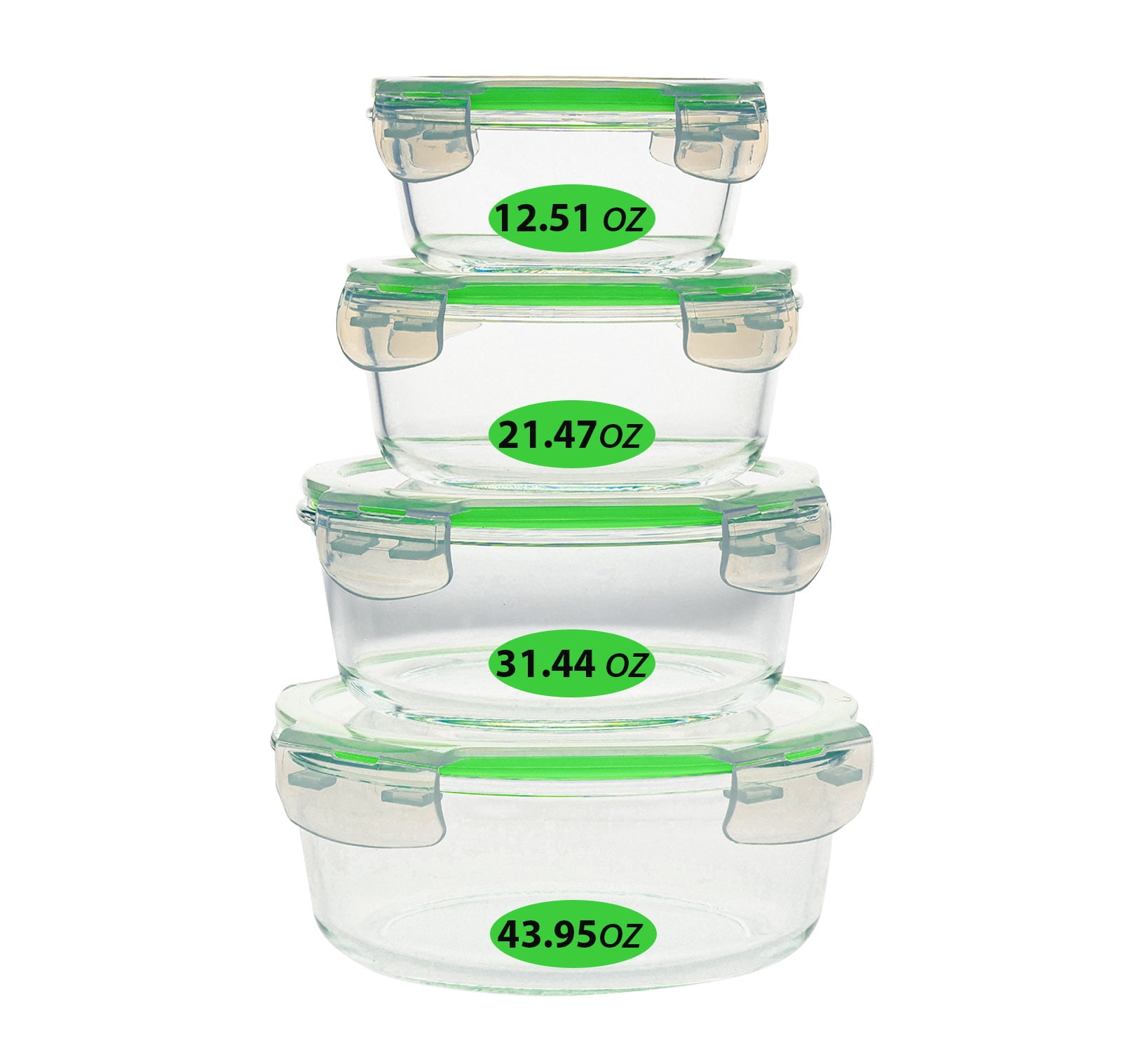 4 pack, 12.5 oz, 21.4 oz, 31.4 oz, 43.9 oz, Borosilicate Glass Food ...