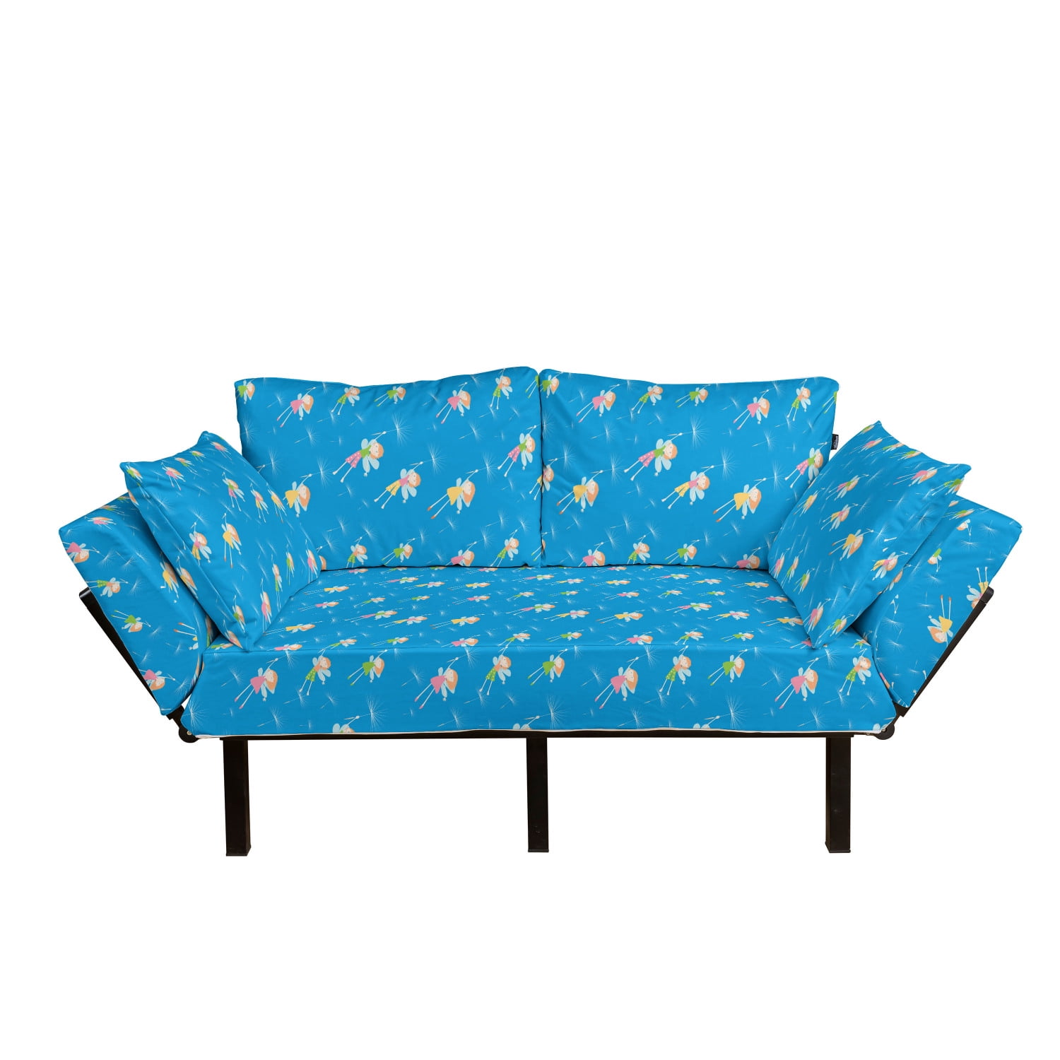Cartoon Futon Couch, Fairies in the Sky Flying Fantasy Girls Cheerful ...