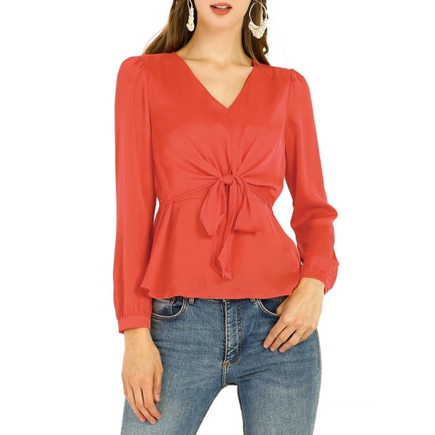 Allegra K Allegra K Womens Long Sleeve V Neck Tie Front Solid Color