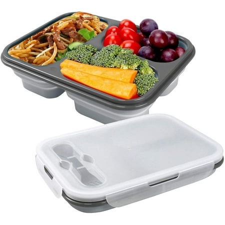 Collapsible Bento Box, 3 Compartment Silicone Food Storage Container ...