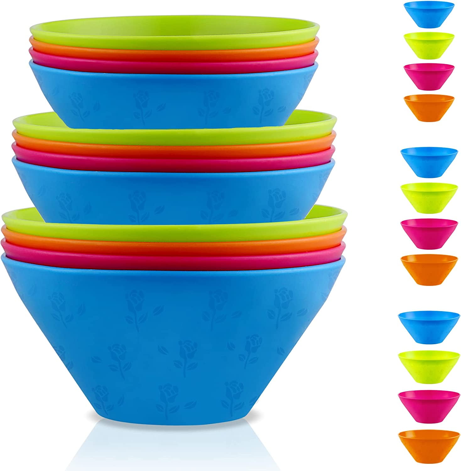 Plastic Bowls Set 12 Pieces, 3 Sizes 14/20/25oz Unbreakable Reusable ...