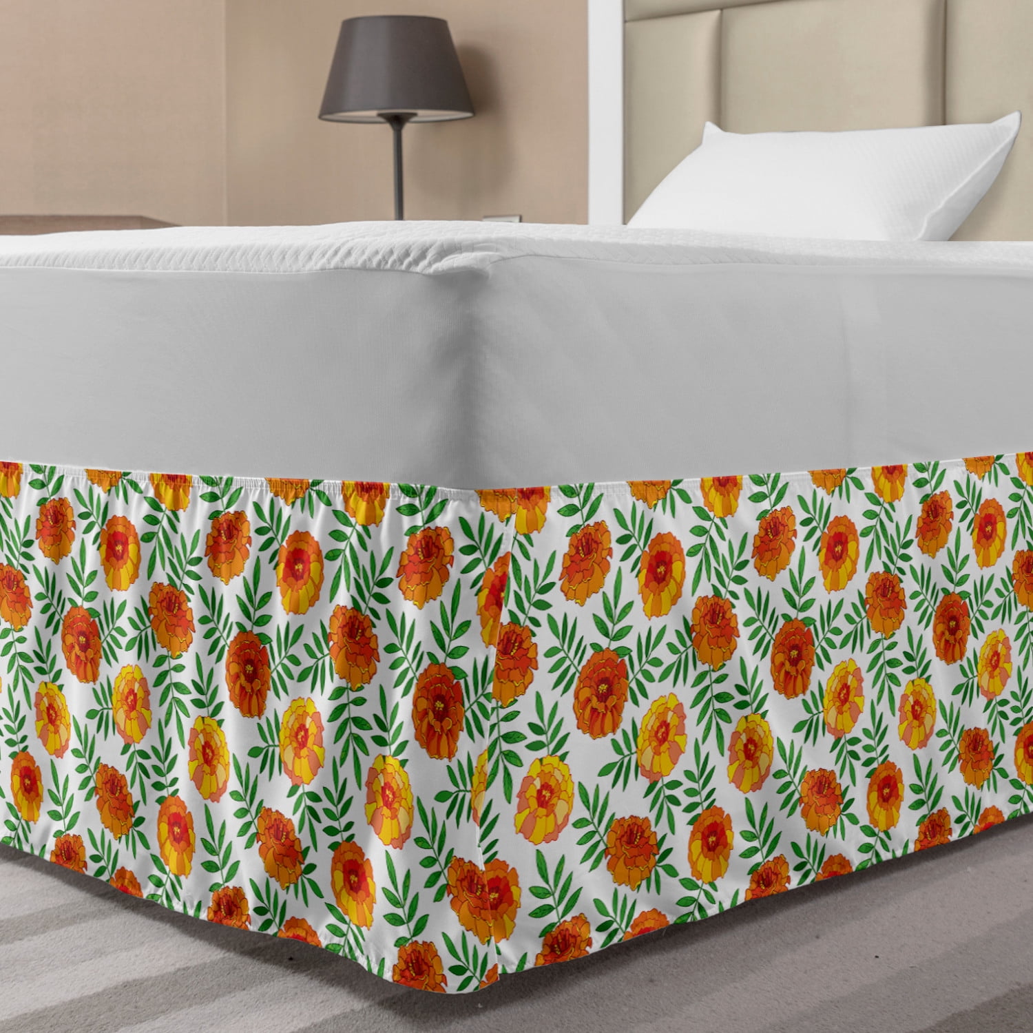 Floral Bed Skirt, Orange Tagetes Marigold Flowers Pattern with Leaves ...