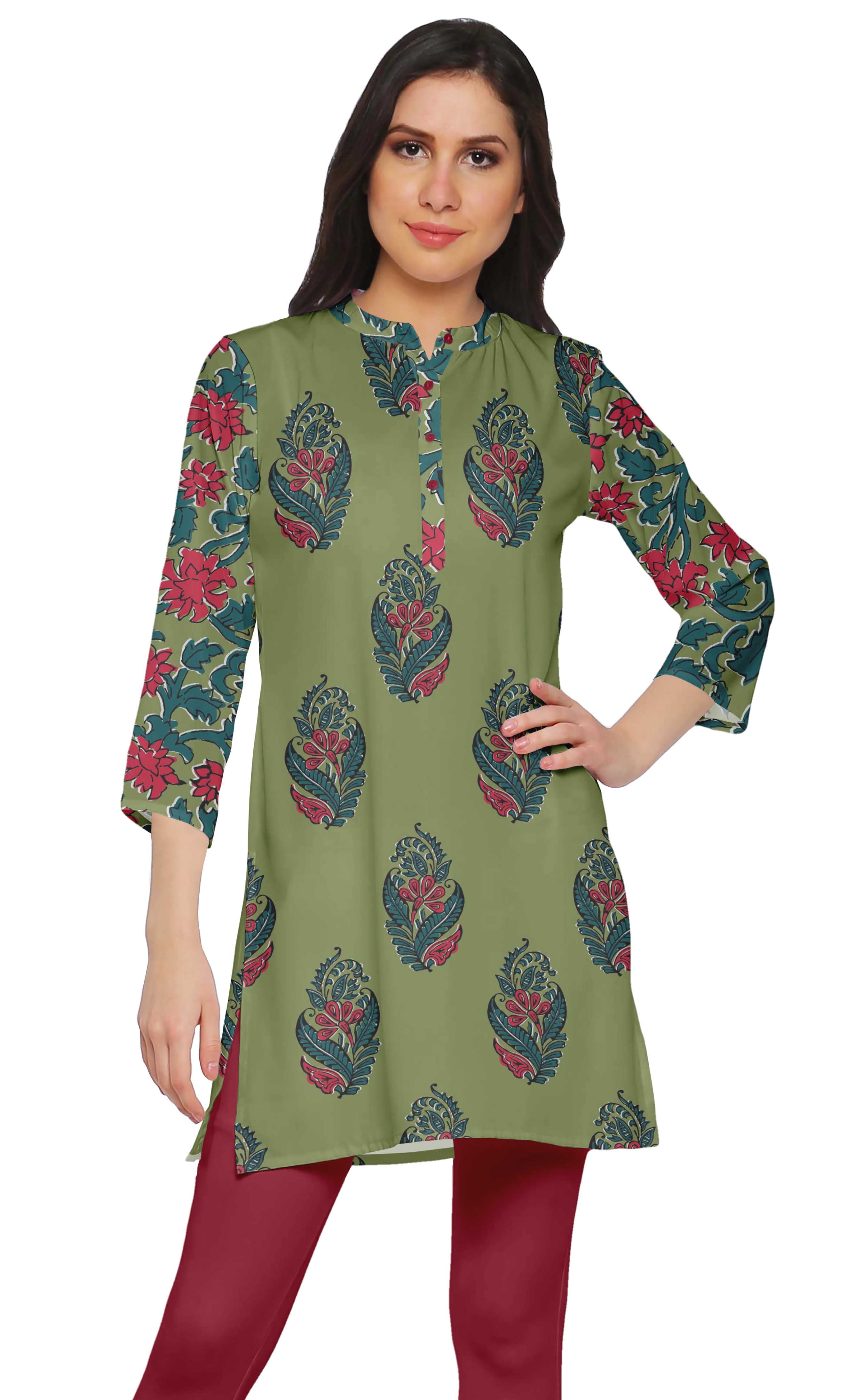 Moomaya Printed Indian Short Kurti Dress Poly Crepe Tunic Close Collar ...