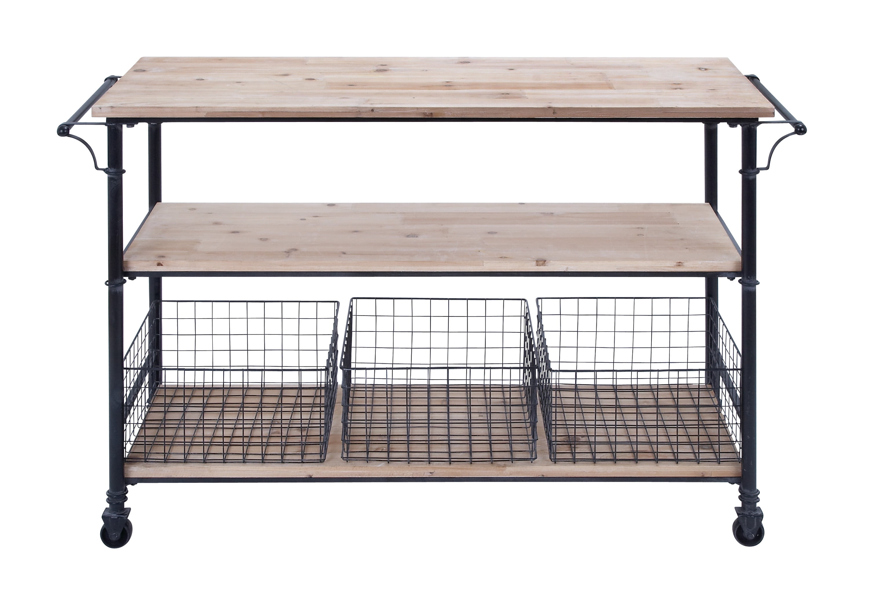 DecMode Industrial Brown 3 Tier Wooden Rolling Cart with 3 Baskets, 48 ...