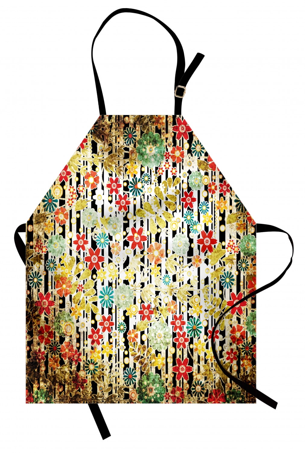 Floral Apron Ivy Line like Colored Flowers Leafs and Buds with Striped ...
