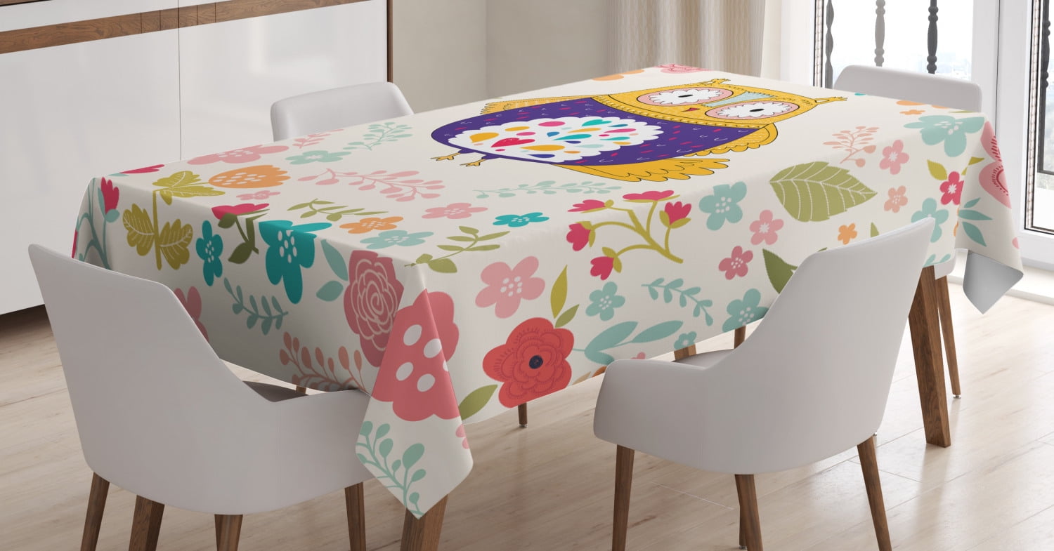 Owl Tablecloth, Colorful Bird and Blooming Flowers Ornamental Doodles ...