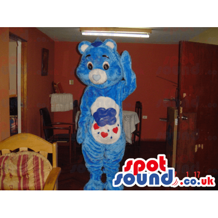 Blue Grumpy Care Bear Cartoon SPOTSOUND Mascot With Clouds And Hearts - Animal mascots-Animal ...
