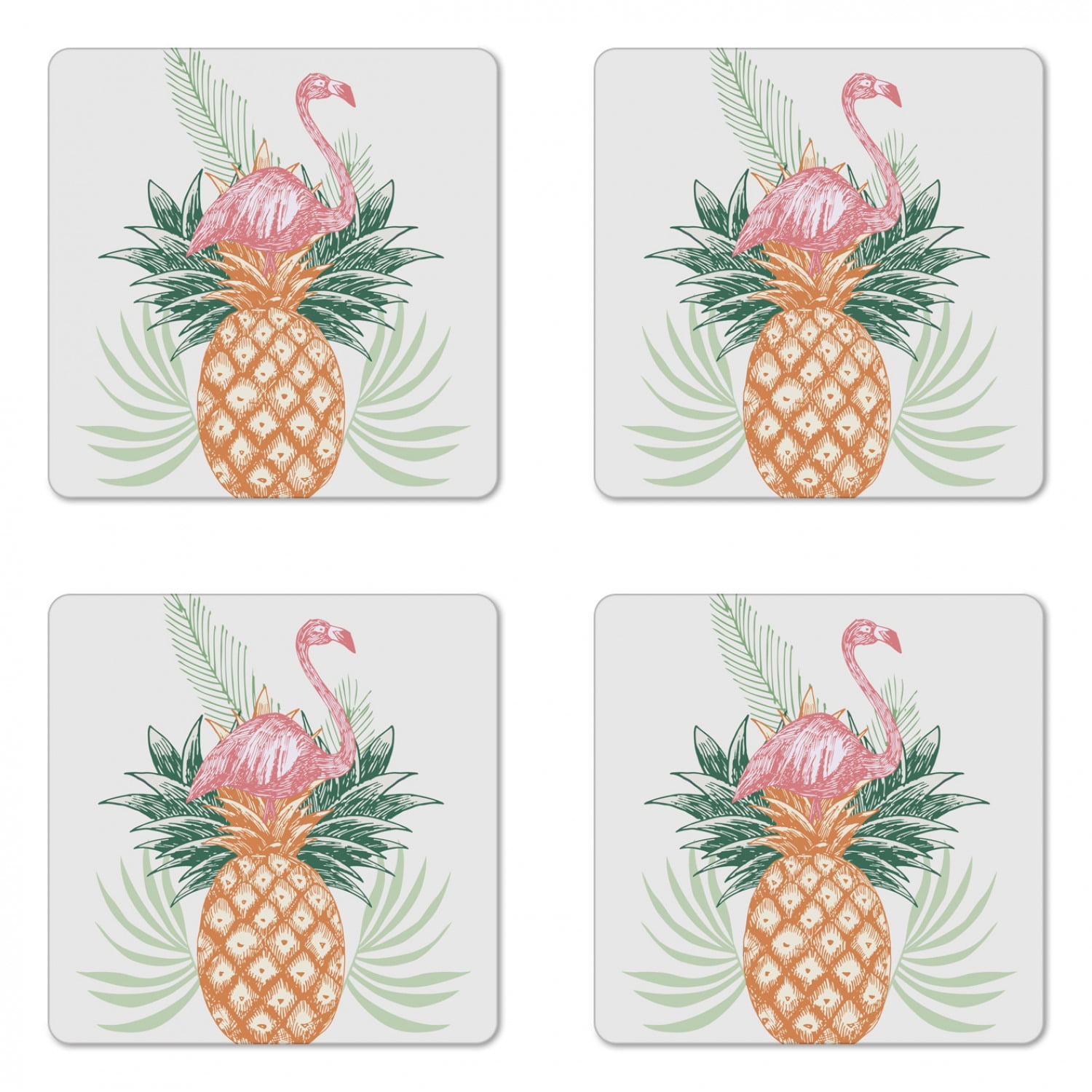 Flamingo Coaster Set of 4, Modern Hand Drawn Pineapple Summer Paradise ...