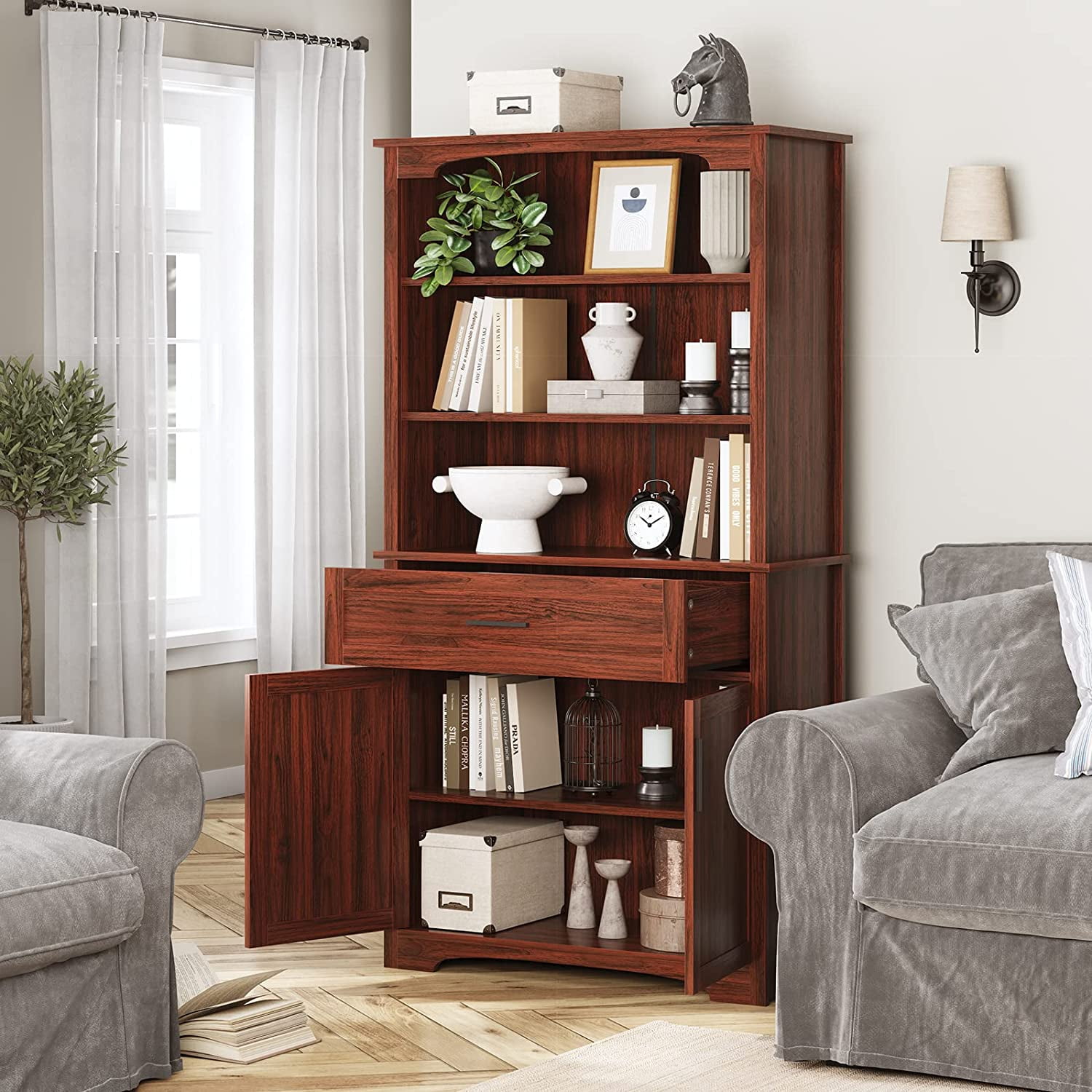 AMUZER 5-Tier Bookshelf with Drawers and Adjustable shelves, Tall ...