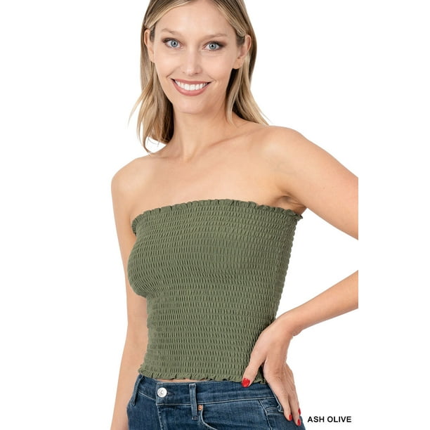 Zenanas Women Strapless Pleated Solid Colors Smocked Bandeau Sexy Tube