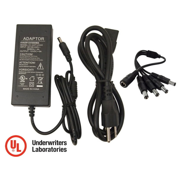 EVERTECH UL Certified 12V DC 5A Amper 5000 mA Power Adapter with 1 Male ...