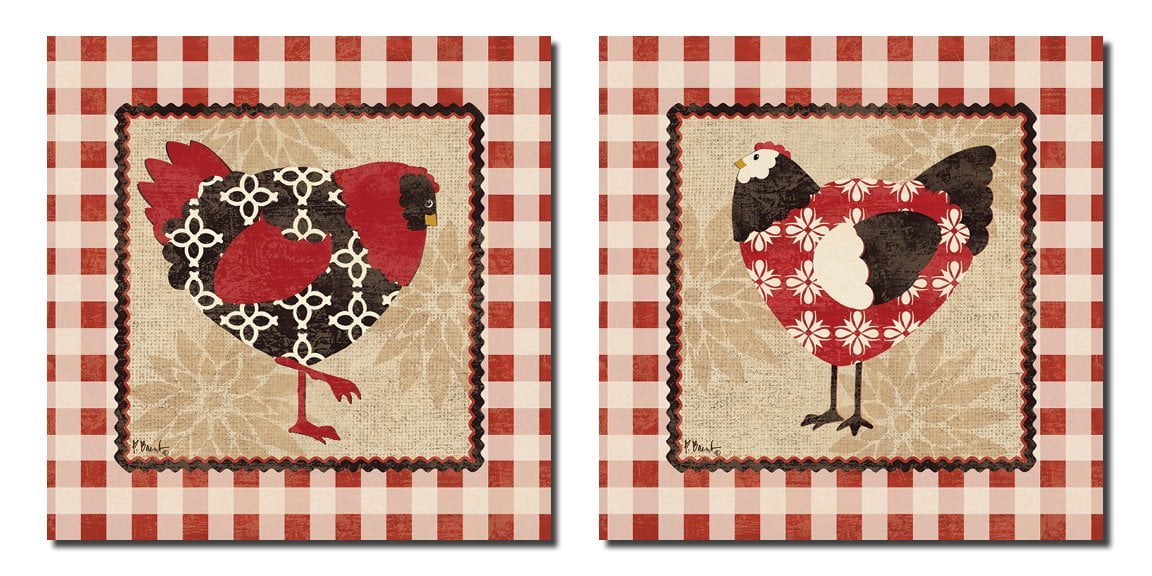 2 Barnyard Red and Black Chicken and Rooster; Kitchen Décor, 12 by 12 ...