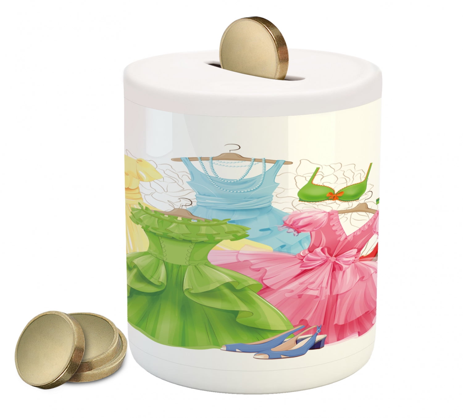 Heels and Dresses Piggy Bank, Cartoon Outfits Bikini Shoes Wardrobe ...