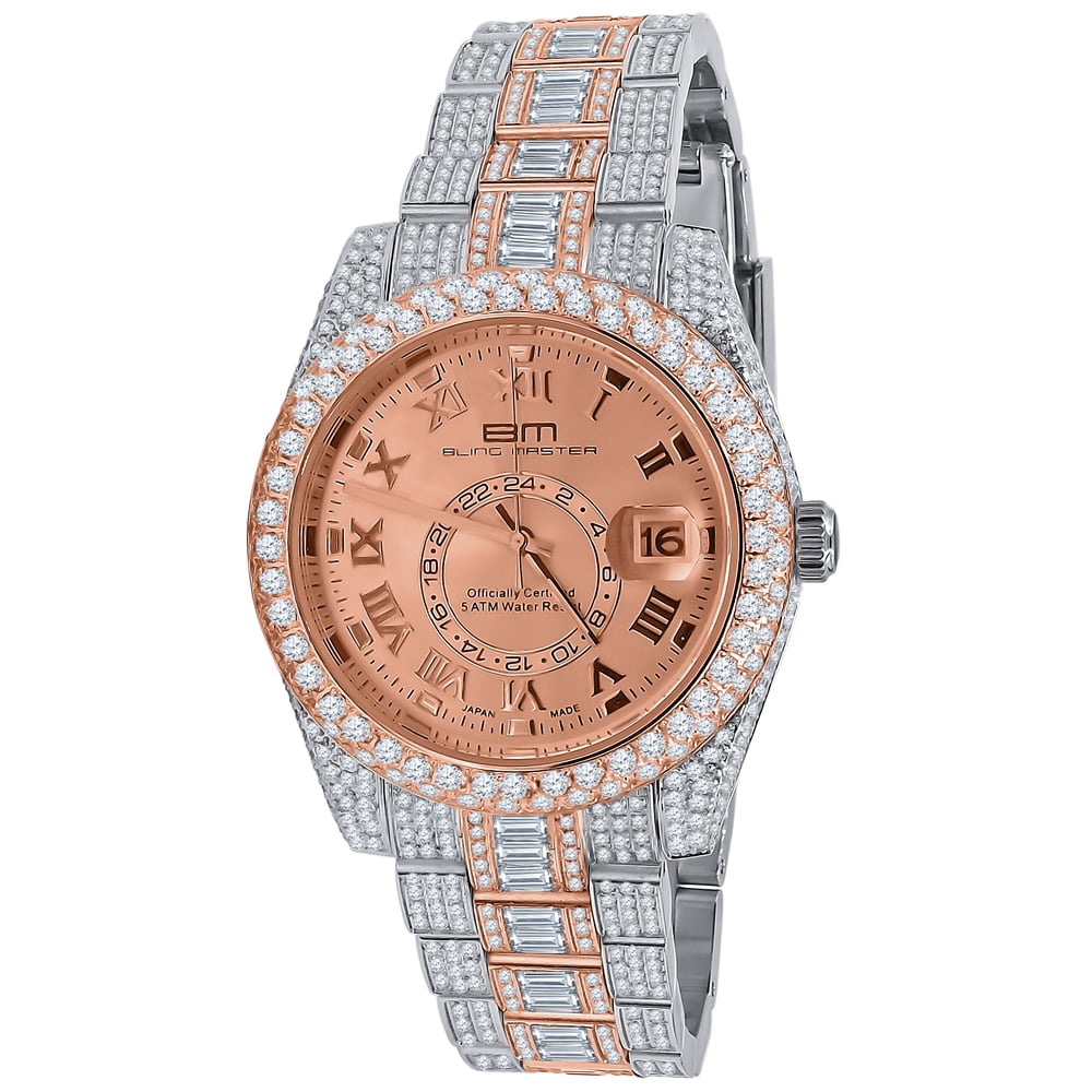 2 Tone Rose Gold Mens Solid Stainless Steel Simulated Diamond Watch ...