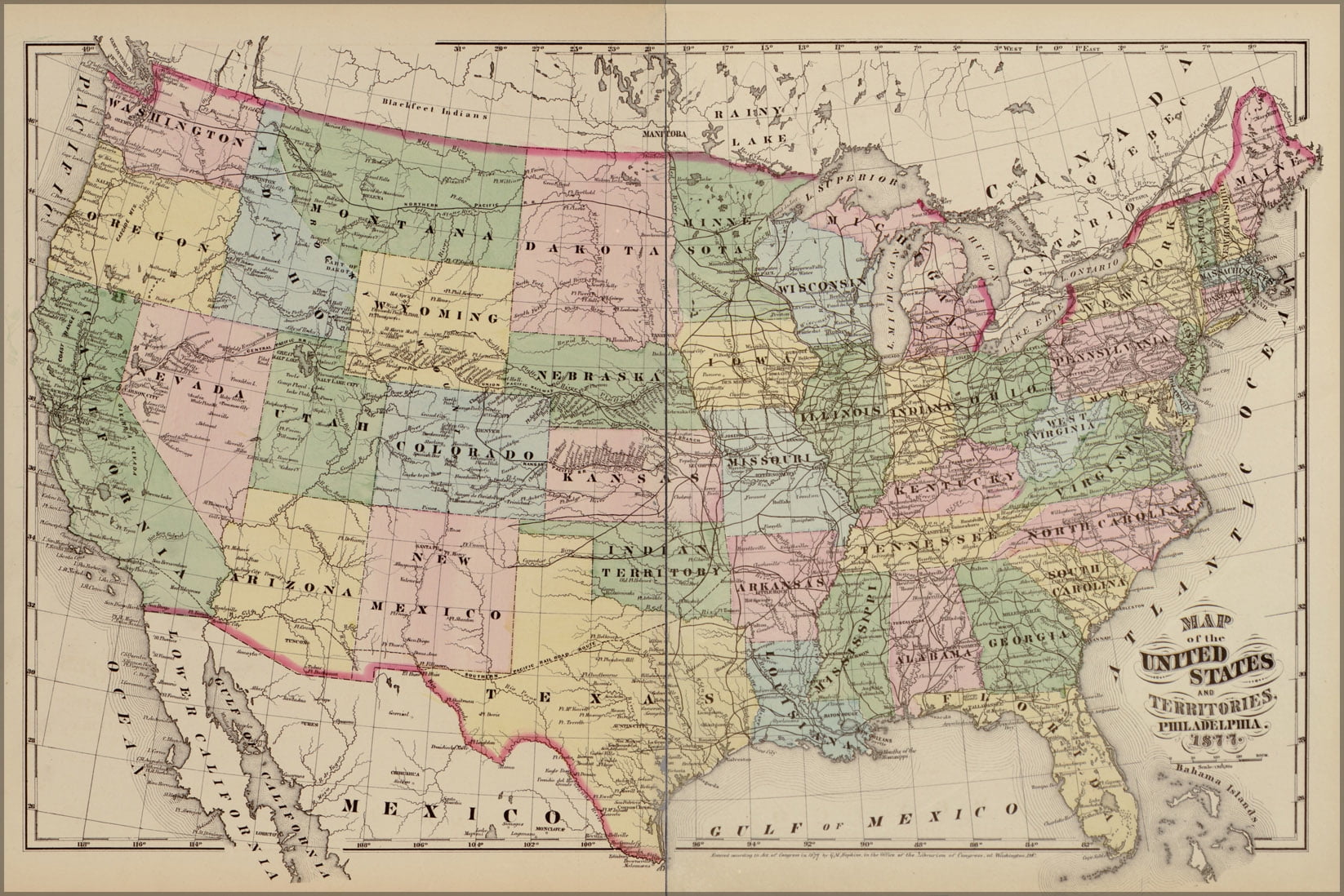 24"x36" Gallery Poster, Map of the United States of america 1878 ...