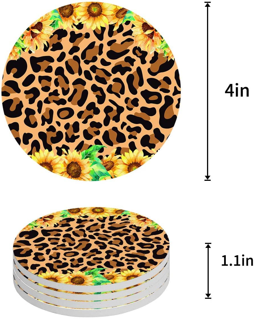 FMSHPON Leopard Print Set of 4 Round Coaster for Drinks, Absorbent ...