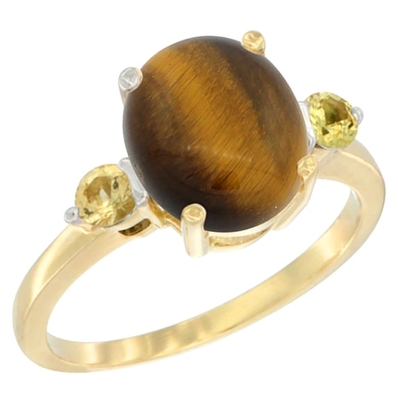 14K Yellow Gold Natural Tiger Eye Ring Oval 10x8mm Yellow Sapphire ...