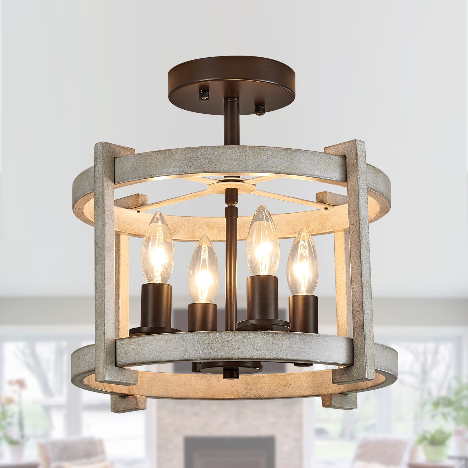 Q&S 4-Lights Retro Semi Flush Mount Ceiling Light Fixtures,ORB+Oak White,Farmhouse Rustic ...