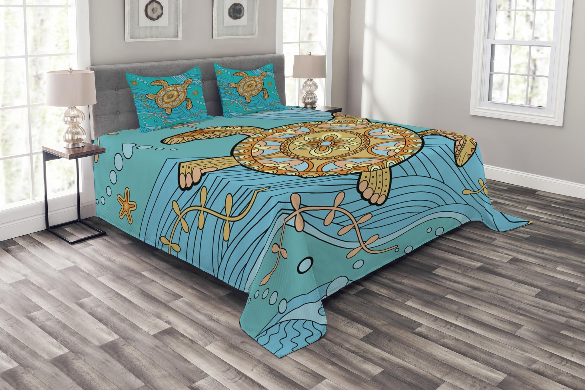 Turtle Bedspread Set Queen Size, Doodle of Sea Turtle on Water Surface ...