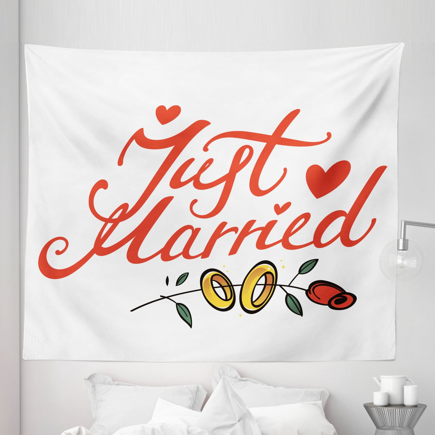 Wedding Tapestry, Just Married Hand Writing in Red and Rose with ...