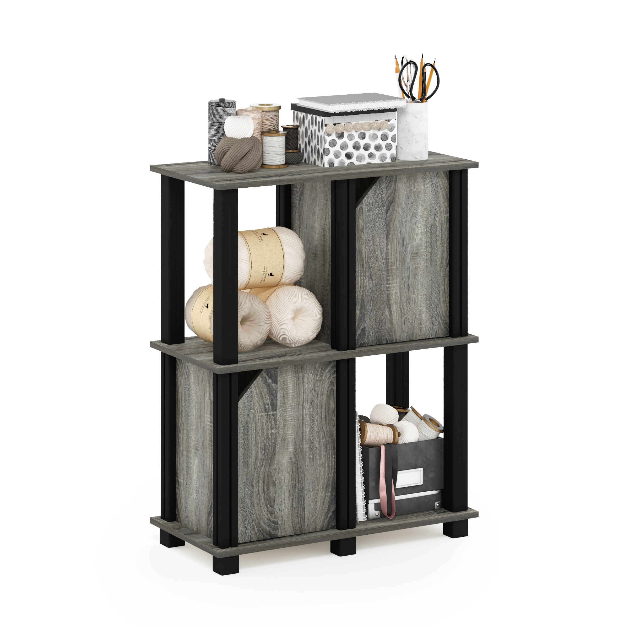 Furinno Brahms 3-Tier Storage Shelf with 2 Doors, French Oak Grey/Black ...