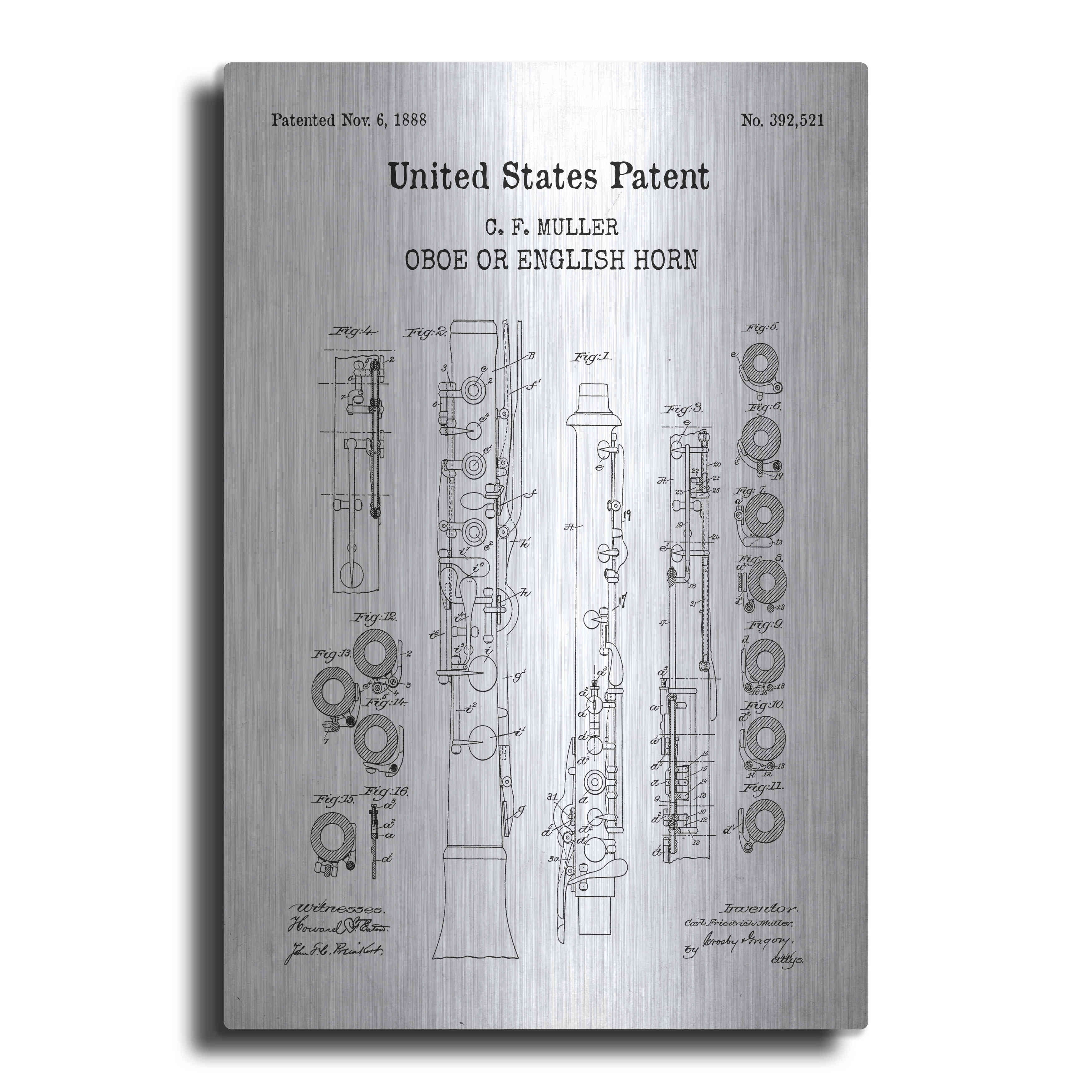 Luxe Metal Art 'Oboe Blueprint Patent White' Acrylic Glass Wall Art, 24 ...