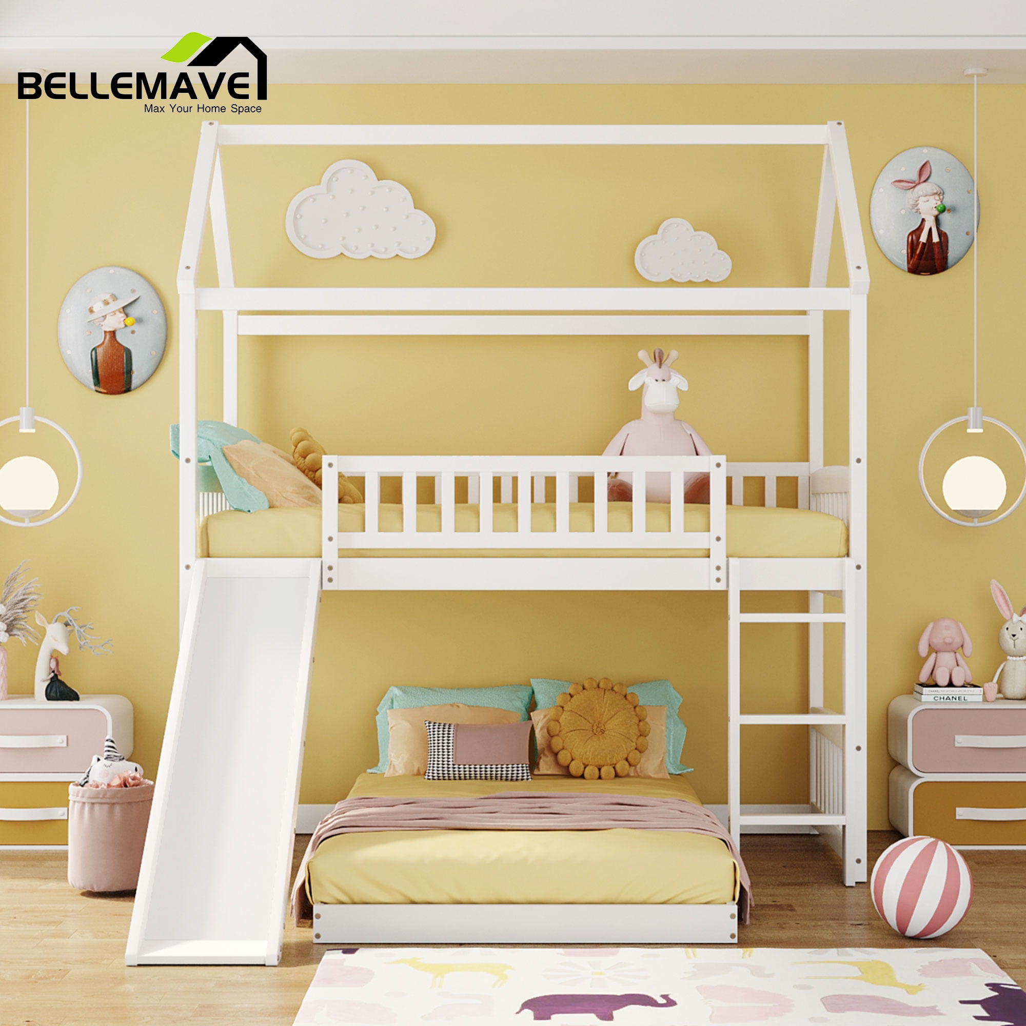 Bellemave White Twin Size Kids Bunk Bed with House Roof and Slide, Twin ...