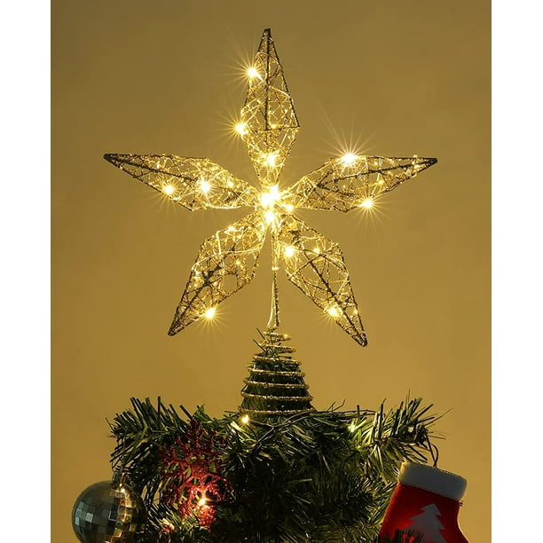 Tree Topper Golden Light Battery Powered Tree Ornaments, Glitter Hollow ...