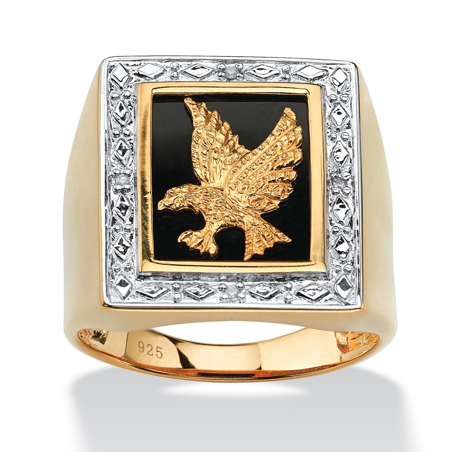 Palmbeach Jewelry Mens Onyx And Diamond Accent Eagle Ring In 14k Gold Over Sterling Silver