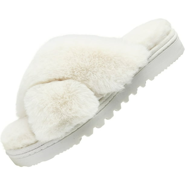 LORDFON Open Toe Cross Band Fuzzy Womens Slippers Fluffy House Slippers with Memory Foam ...