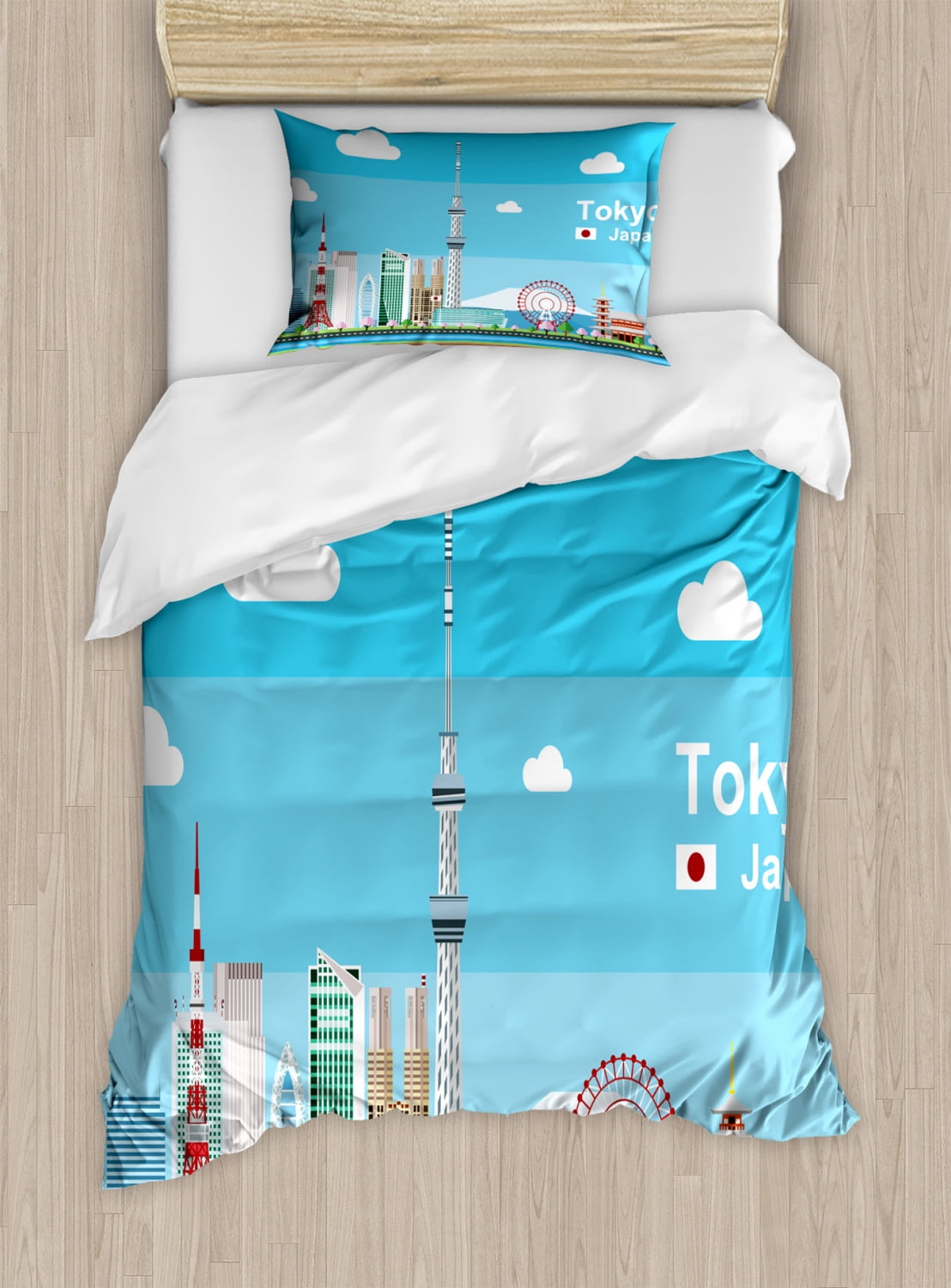 Tokyo Duvet Cover Set Twin Size, Cartoon Style Japan Sightseeing Themed ...