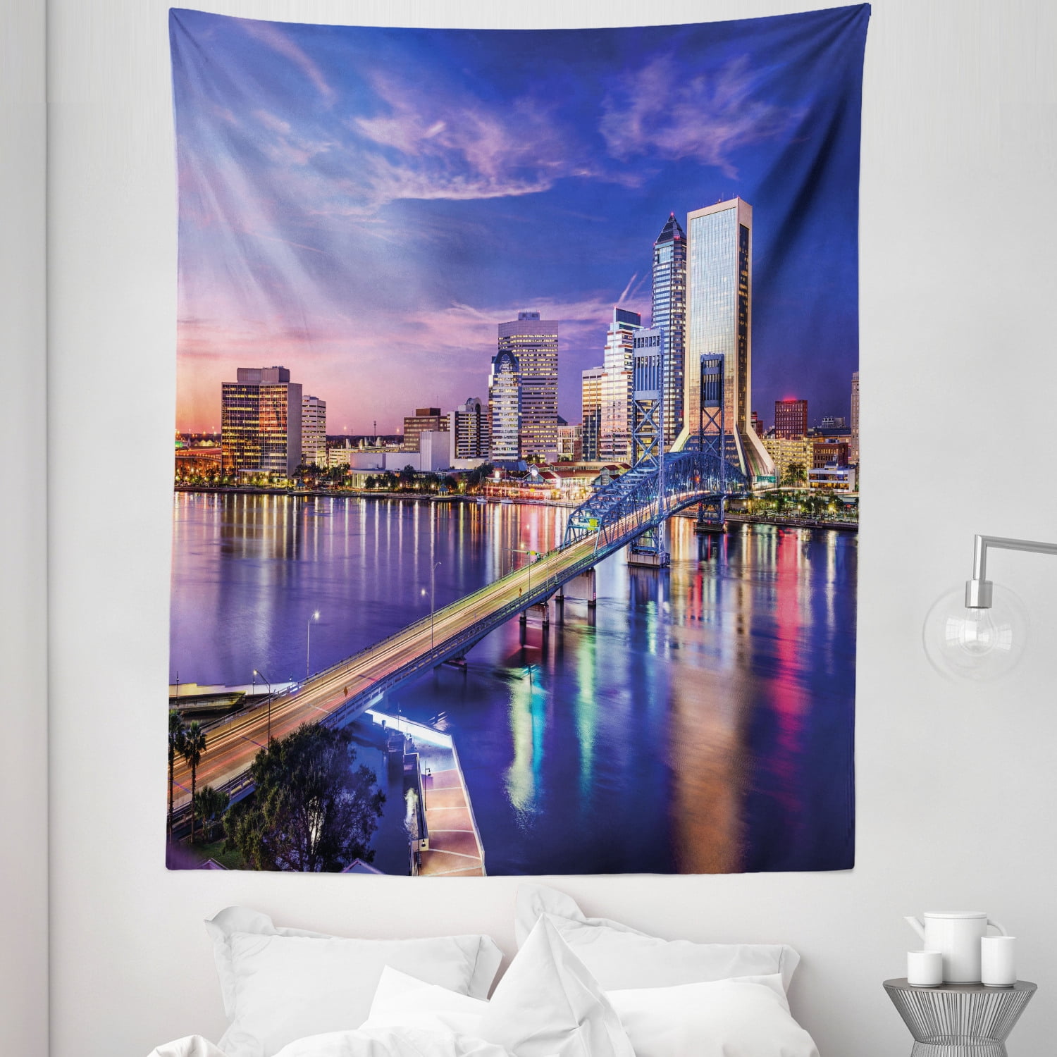 United States Tapestry, Jacksonville Florida Skyline Vibrant Night St ...
