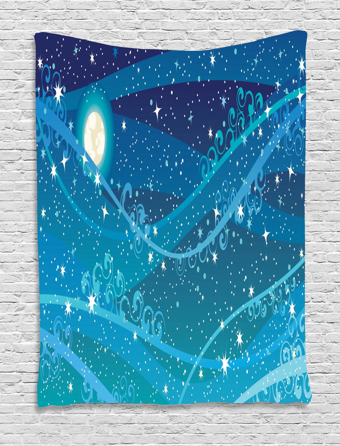 Starry Night Tapestry, Night Sky with Full Moon Astronomy Theme Dots ...