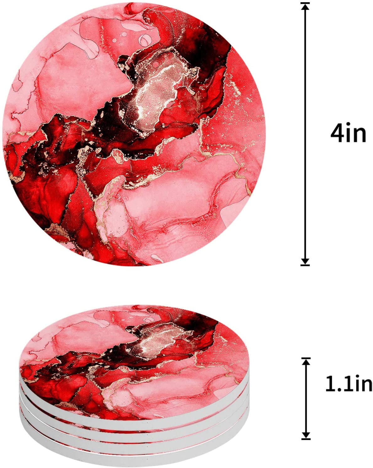 FMSHPON Marble Texture Red Ink Set of 4 Round Coaster for Drinks ...
