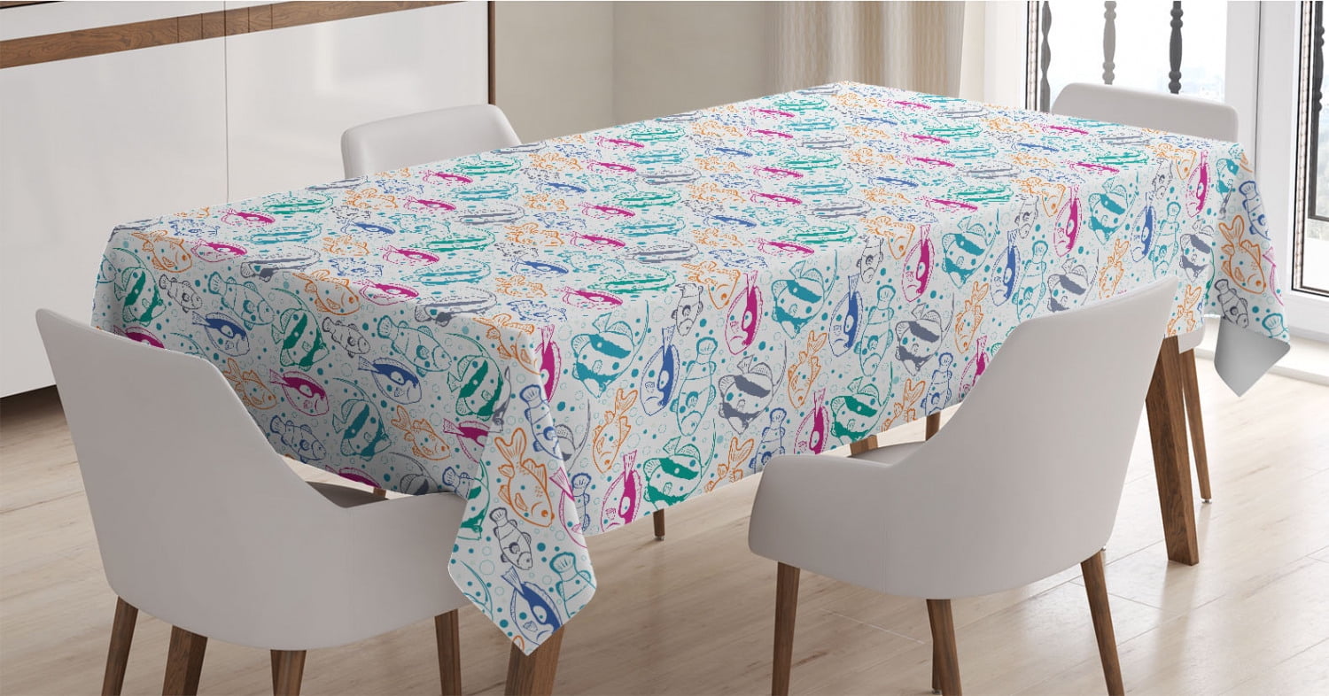 Fish Tablecloth, Marine Design Ocean Animals Underwater Hand-Drawn in ...