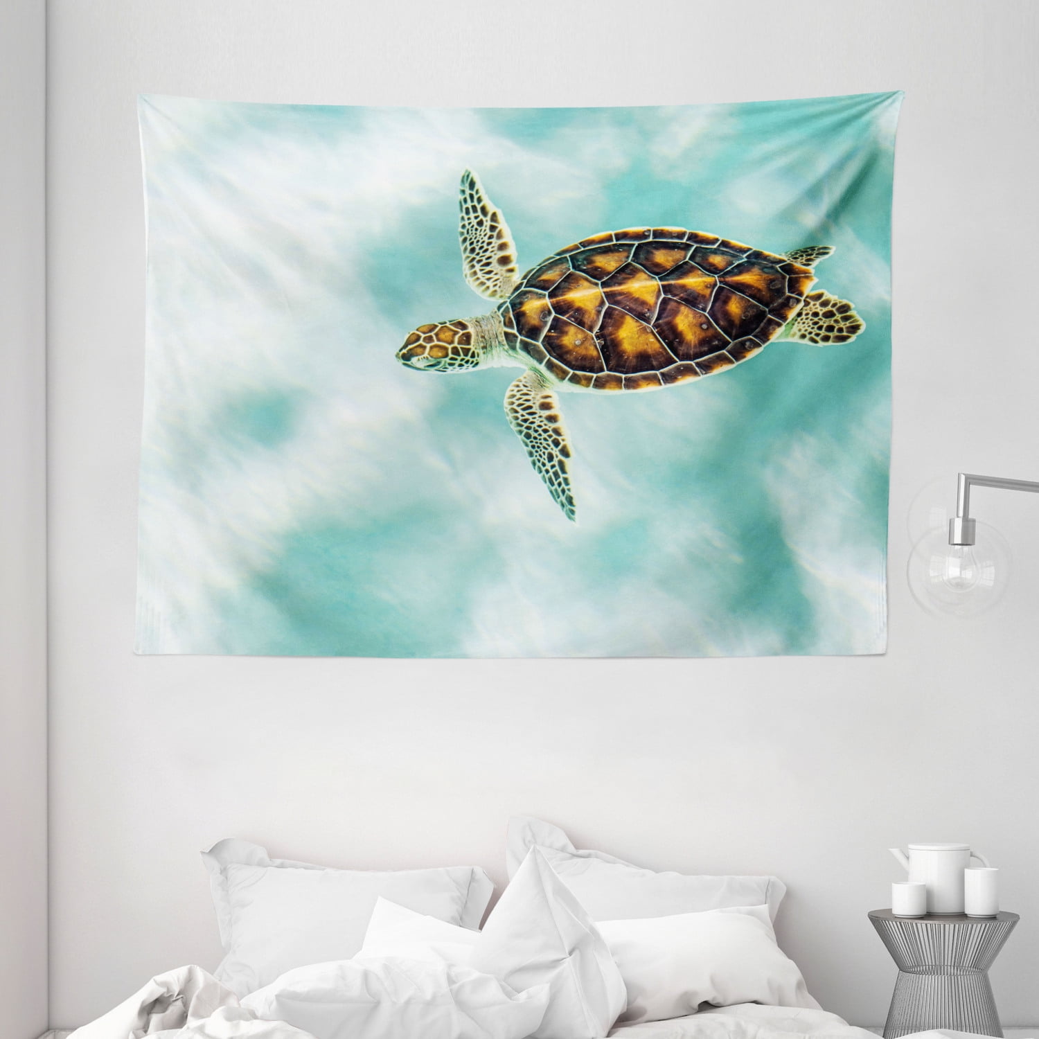Turtle Tapestry, Cute Baby Turtle Swimming in Abstract Waters Serene ...