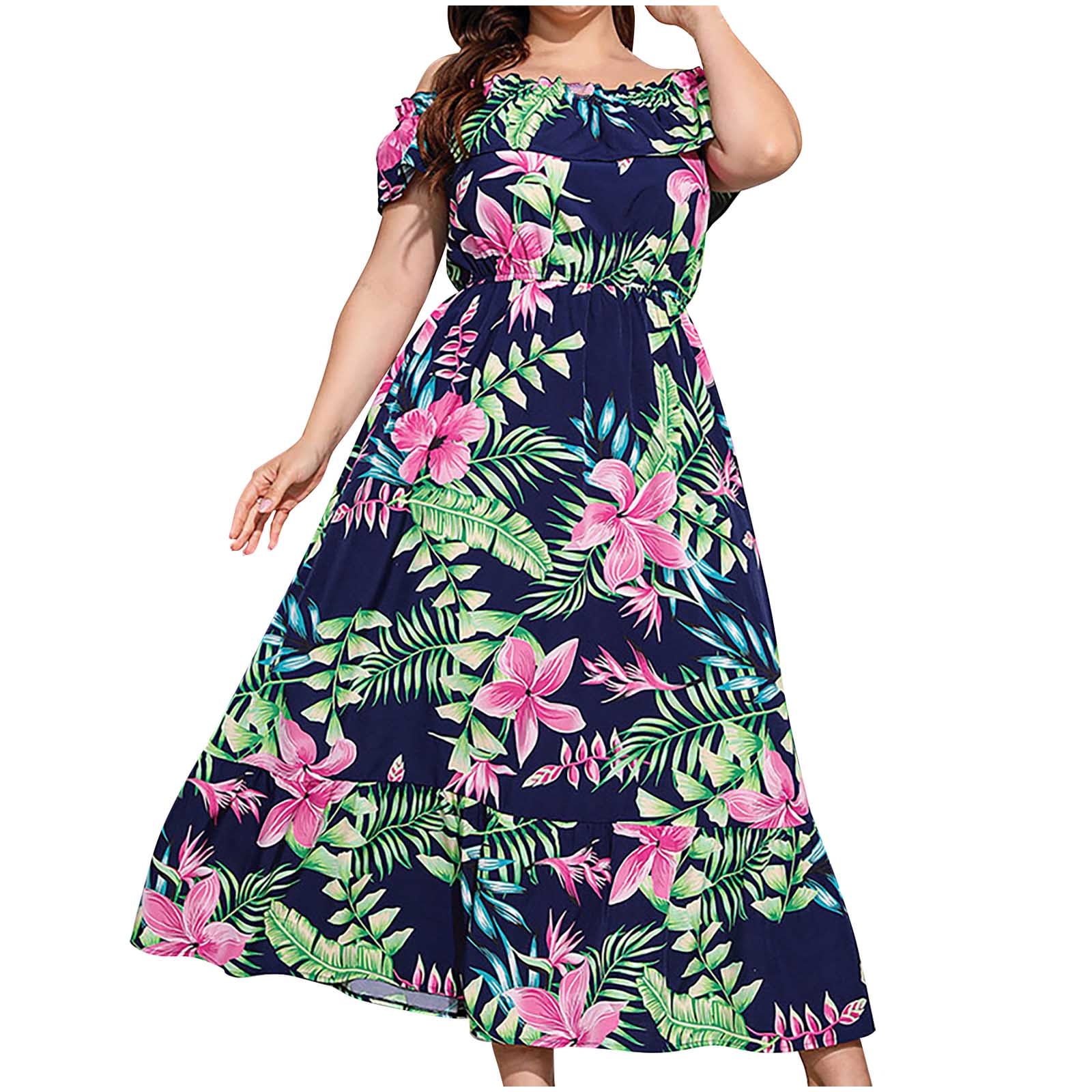 Plus Size Summer Dress Women Off Shoulder Party Maxi Dress Ruffle Swing ...