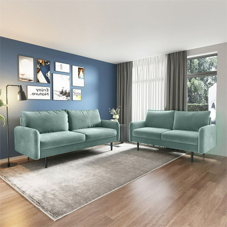 Pemberly Row 70 Modern Round Arm Velvet Sofa in Aqua Turquoise