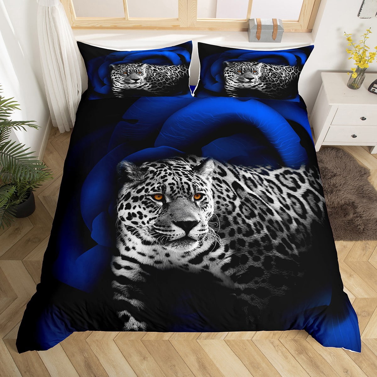 Adults White Leopard Duvet Cover Retro Dark Blue Rose Floral Cheetah ...