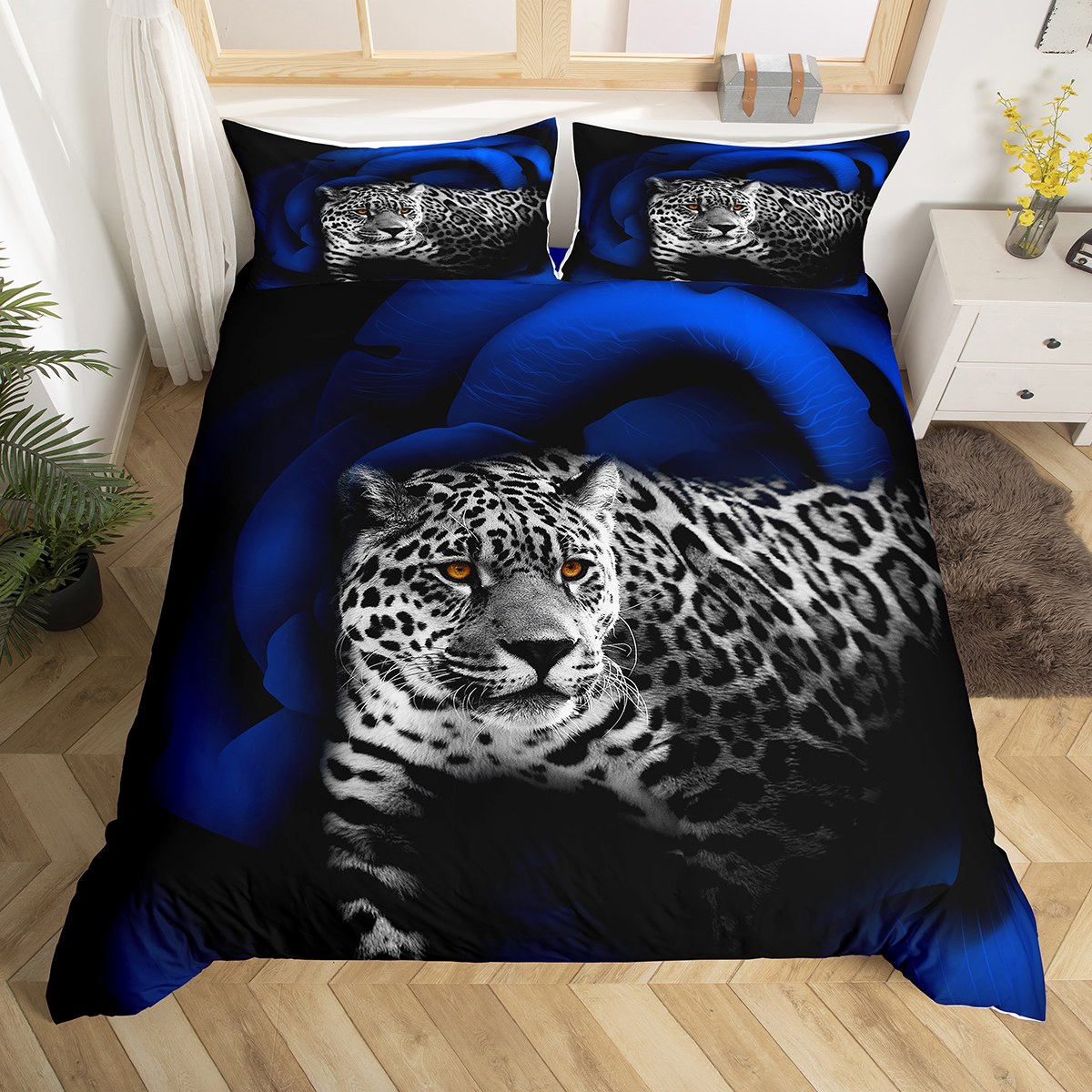 Adults White Leopard Duvet Cover Retro Dark Blue Rose Floral Cheetah Adults White Leopard Duvet Cover Retro Dark Blue Rose Floral Cheetah