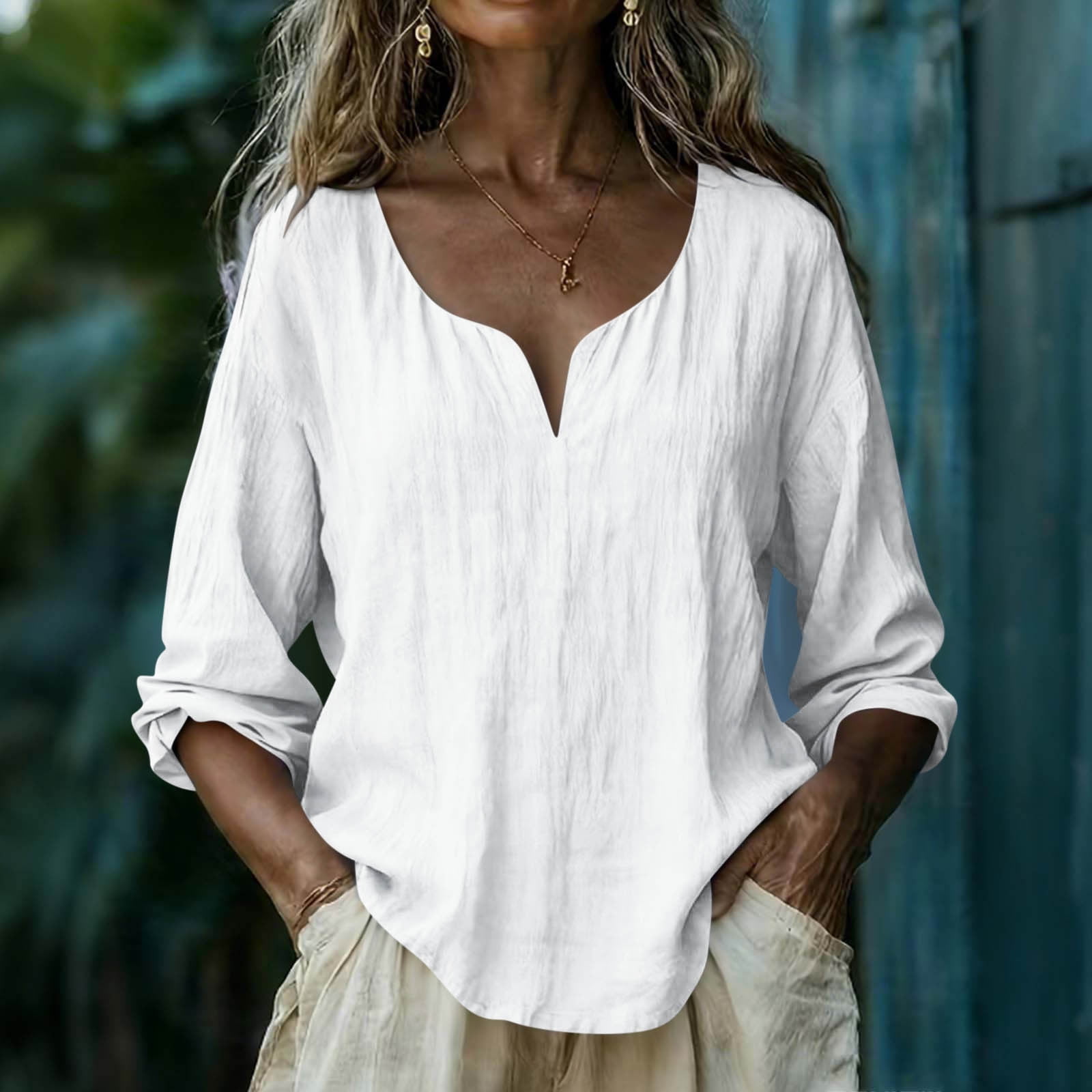 Click here for Kctiaxy White Womens Tops V-Neck Cotton Linen Long... prices