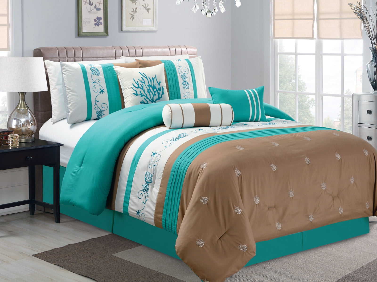 7-Pc Ariel Coral Reef Seastar Seashell Embroidery Comforter Set ...