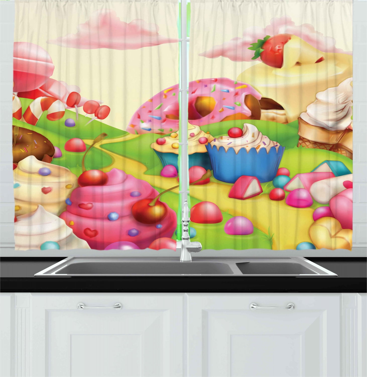 Modern Curtains 2 Panels Set, Yummy Donuts Sweet Land Cupcakes Ice ...