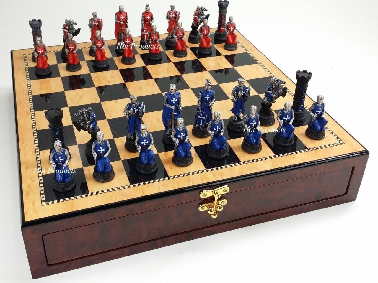Medieval Times CRUSADE Maltese Red & Blue Chess Set Walnut Maple Color ...