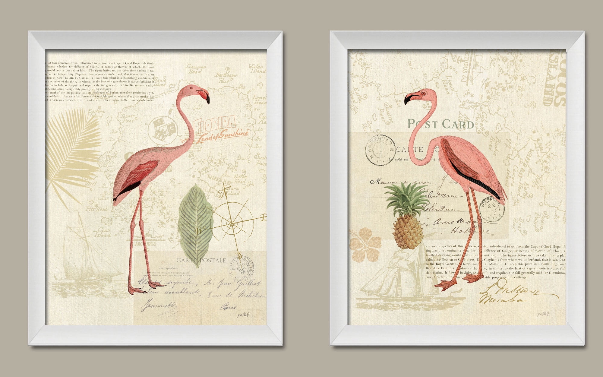 Gango Home Decor Tropical Florida Pink Flamingo & Pineapple Set; Two ...